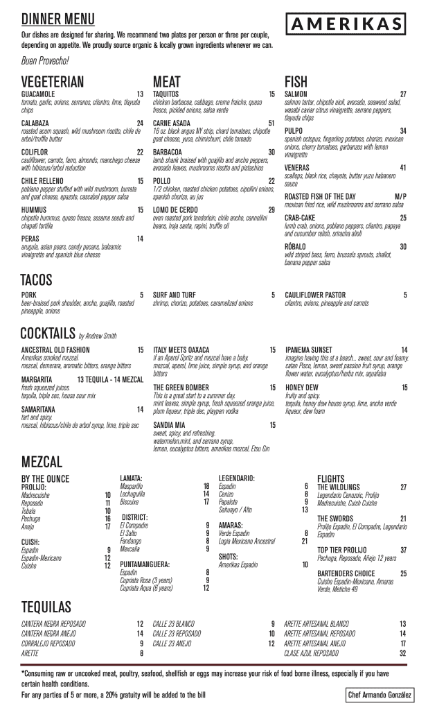 Dinner Menu - Amerikas Restaurant - American, Latin American, Fusion ...