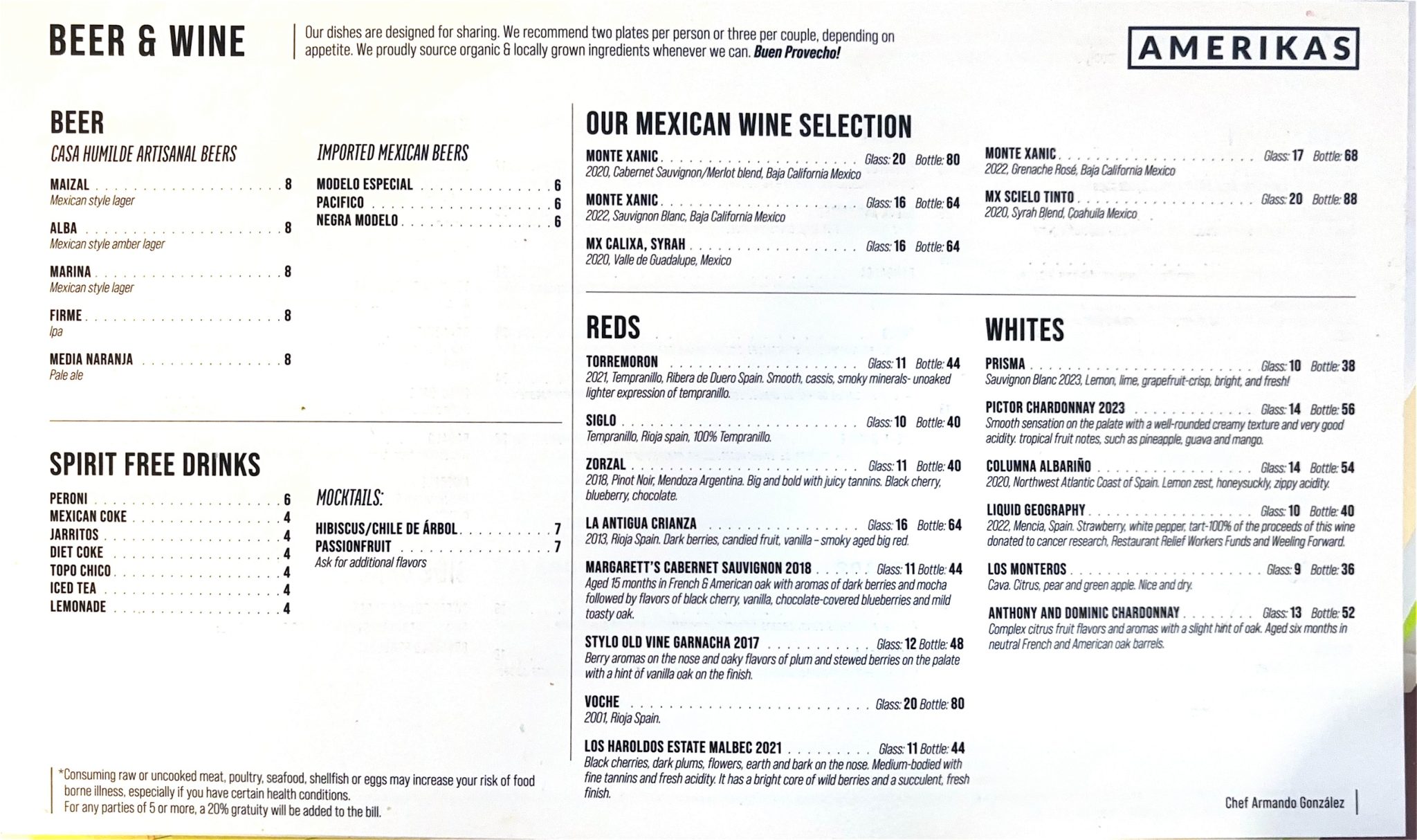 Dinner Menu - Amerikas Restaurant - American, Latin American, Fusion ...