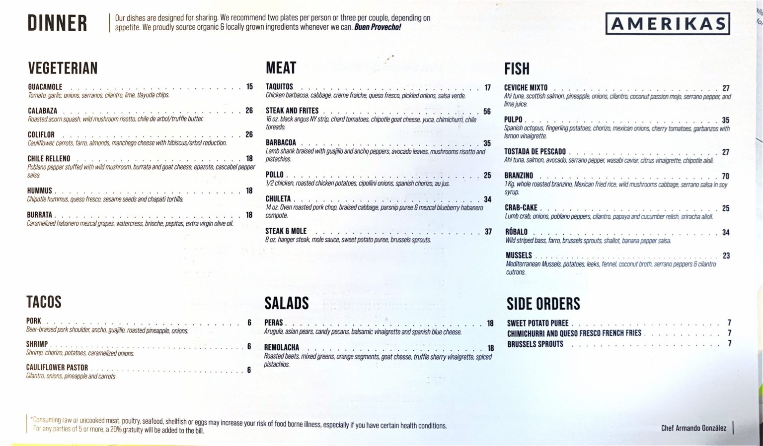 Dinner Menu - Amerikas Restaurant - American, Latin American, Fusion ...